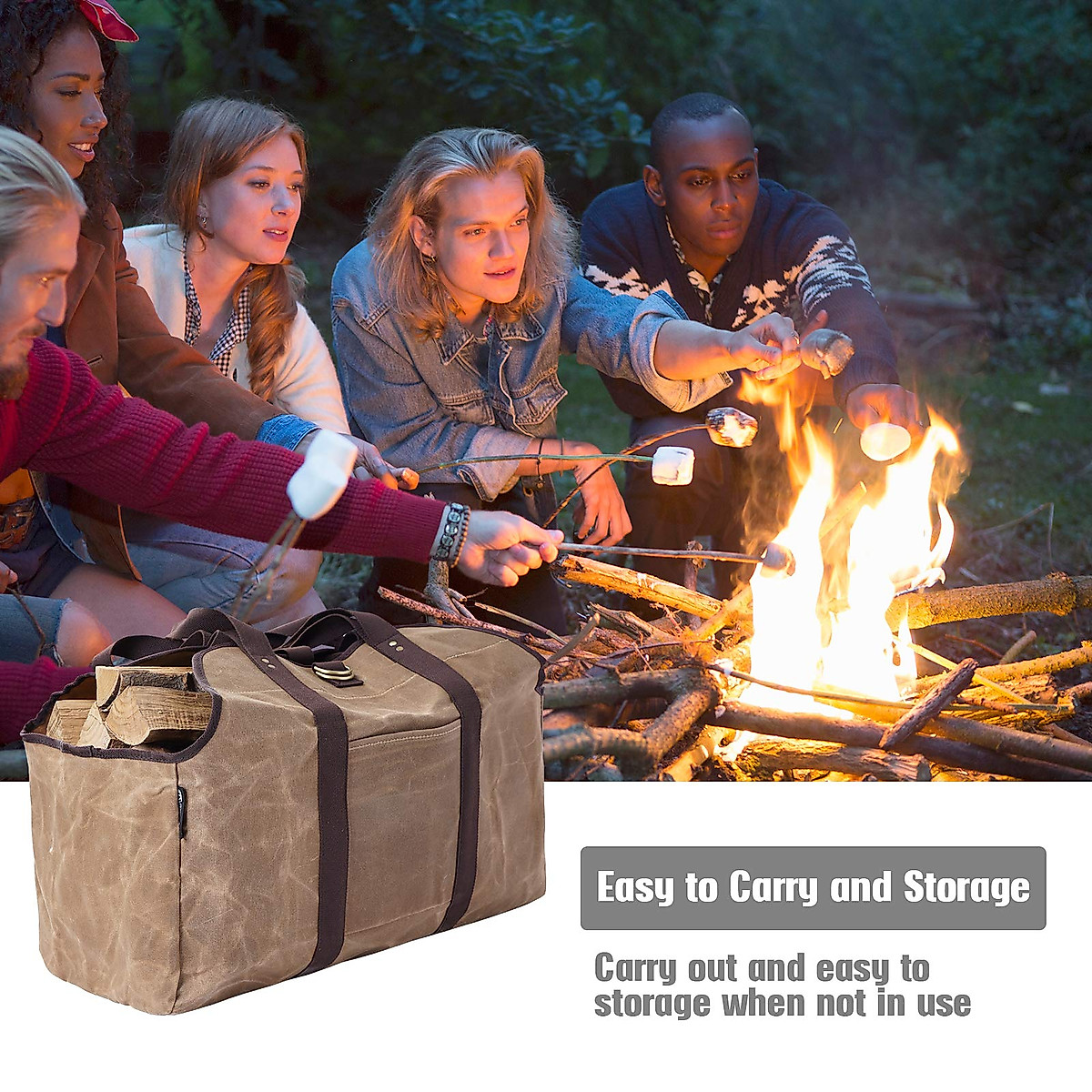 MYFIREPLACEDIRECT Waxed Canvas Log Carrier Tote Bag, Extra Large Durable Firewood Holder with Handles and Shoulder Strap, Heavy Duty Wood Carrying Bag for Fireplaces & Wood Stoves Khaki