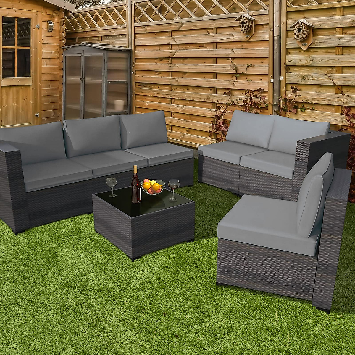 Grezone Patio Furniture Set 7 Piece Outdoor Wicker Sectional Sofa - All Weather High Backrest PE Rattan Couch Conversation Set with Cushion & Glass Top Table for Backyard Deck Porch, (grey)