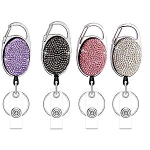 Retractable Badge Holders with Bling Rhinestones Crystal, Badge Reel with Belt Clip and Key Ring, 24 inches Thick Kevlar Pull Cord. (4pcs- Silver, Black, Pink and Purple)
