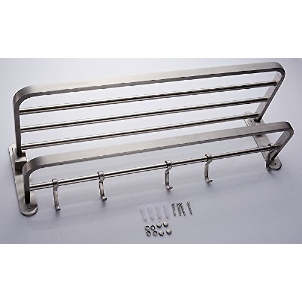 ELLO&ALLO Stainless Steel Towel Racks for Bathroom Shelf Double Towel Bar Holder with Hooks Wall Mounted Multifunctional Foldable Brushed Nickel