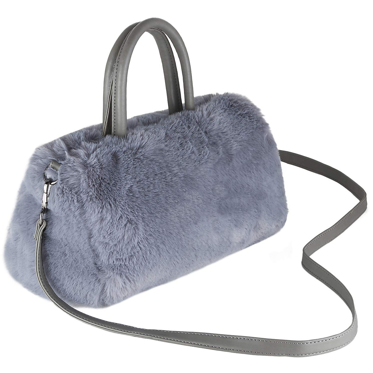 Luxe L 100% Faux Fur Bowler Bag for Women Soft Modern Top-Handle Handbag with Detachable and Adjustable Faux-Leather Strap, Grey