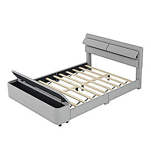 DEYOBED Queen Size Upholstered Platform Bed Frame Bedroom Furniture with Trundle and 2 Storage Drawers - No Box Spring Needed