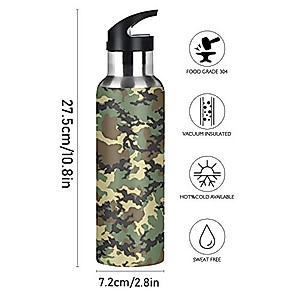 AUUXVA Military Print Camo Water Bottle Vacuum Insulated Stainless Steel Thermos Mug Kids Water Bottle with Straw and Handle Keep Hot Cold Sport Bike Fit Travel Outdoor 20 oz