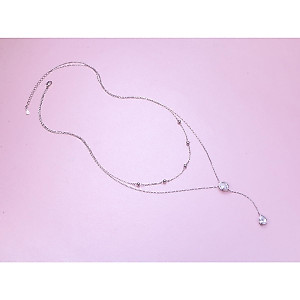 FLYOW S925 Sterling Silver Double Layered Necklace Teardrop CZ Choker Y Lariat Necklace Christmas Birthday Gifts for Women Wife Fiancée