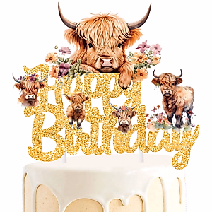 Highland Cow Birthday Cake Topper Gold Glitter Highland Cow Birthday Party Decorations Brown Cow Cake Topper Highland Cow Birthday Cake Decorations for Western Highland Cow Baby Shower Supplies