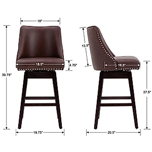 Kmax Leather Counter Height Bar Stools Swivel Farmhouse Bar Stools with Wood Legs Nailhead Footrest for Kitchen Island, Set of 2- Chocolate
