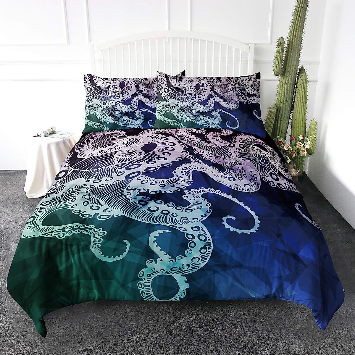 ARIGHTEX Octopus Duvet Cover Geometric Design 3D Octopus Bedding Set Nautical Ocean Blue Bed Linen Duvet Cover Set (Queen)
