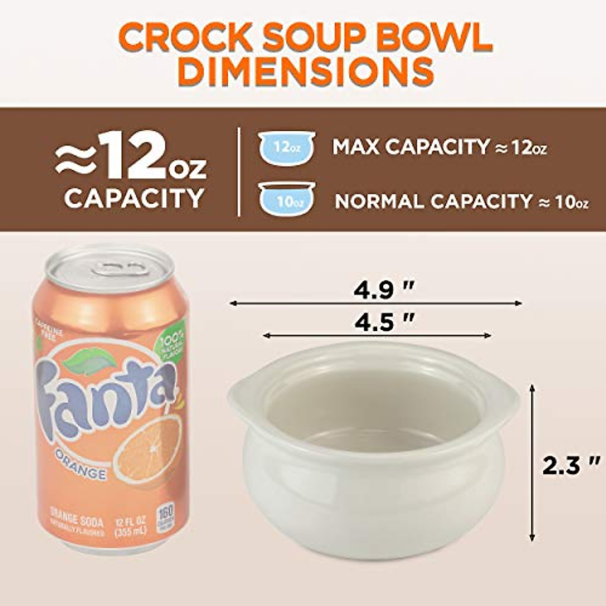 Fit Meal Prep [6 Pack] 12 Oz French Onion Soup Crock - Ivory Premium Ceramic Porcelain Bowls, Microwave Oven Safe, For Soup, Stews, Chilis, Baked Beans, Mac and Cheese