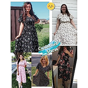 Chiffon Floral Summer Sun Beach Dresses for Women 2023 with V Neck Elastic Waist White Flower M