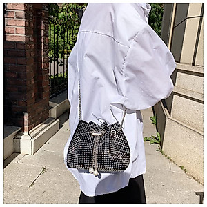 Anopo Full Rhinestones Bucket Clutch Purse Pearl Handbag Bridal Lady Sparkly Bling Evening Crossbody Bag Wedding Party Prom Silver