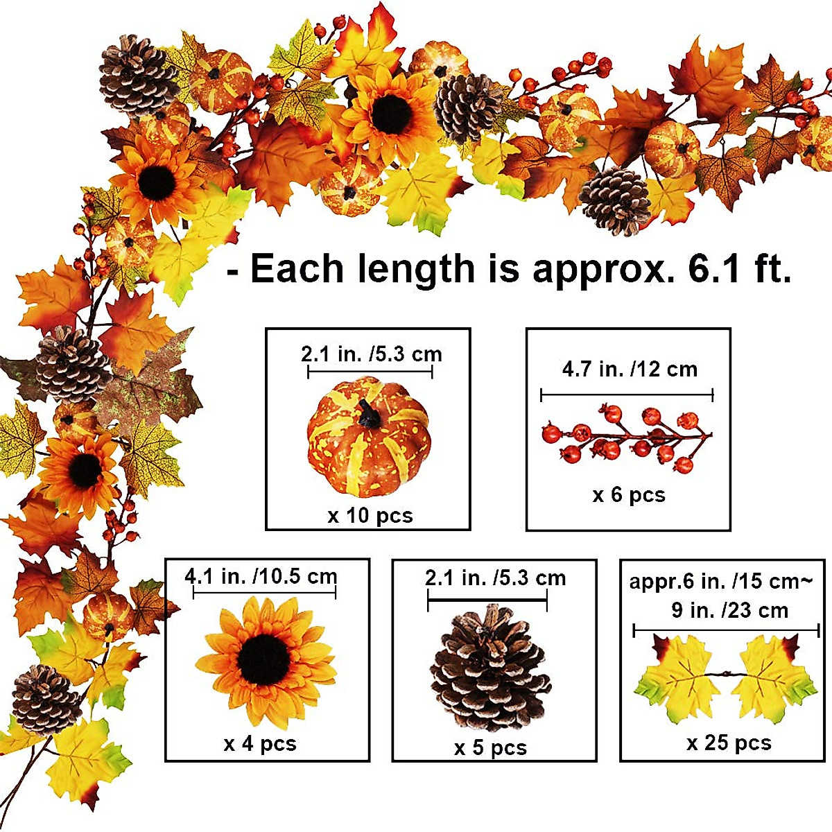 Winlyn Fake Fall Maple Leaf Garland Hanging Vine- 6 Feet - Artificial Berries Sunflower Pumpkin Autumn Decoration for Wedding Party Thanksgiving Dinner Fireplace Door Frame Doorway Backdrop Decor