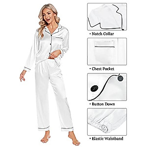 SWOMOG Women's 4pcs Satin Silky Pajama Set Long Sleeve Button Top with Long Pant White