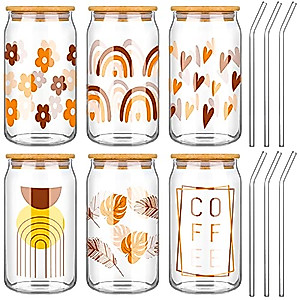Yoiemivy 6 Pack Glass Cups with Lids and Straws, Iced Coffee Tumbler with Straw Boho Pattern Drinking Glasses16 Oz Beer Can-Shaped Glass for Iced Coffee Cola Soda Tea Juice Water