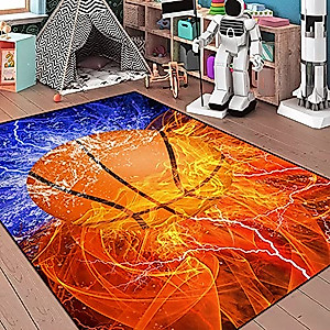 Basketball Carpet for Boys Room Basketball Room Decor Floor Rug Basketball Rug for Boys Bedroom Hipster Basketball Ball on Fire and Water Floor Mat, 3'×5'