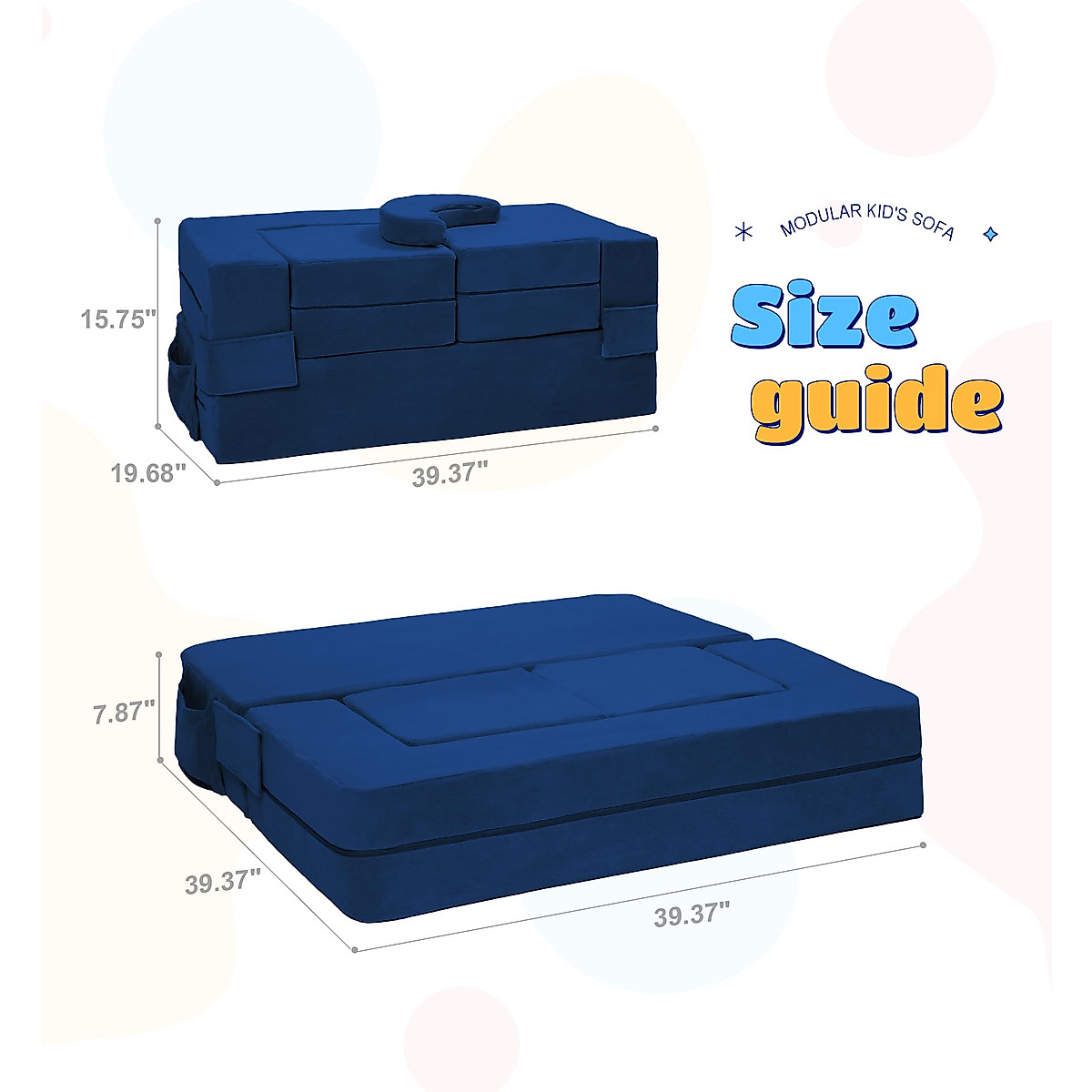 Elftopia Modular Kids Sofa,Toddler Couch Foam Armchair for Kids, Children Convertible Plush Sofa Play Set,Fold Out Sofa Bed(Navy)