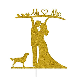 Surfing Couple Mr & Mrs Cake Topper with Dog Surfboard, Funny Wedding Cake Decors, Bride and Groom Wedding Anniversary Party Decorations Gold Glitter