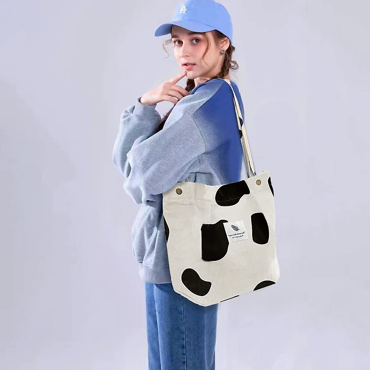 Trendlooks Large Corduroy Tote Bag Lightweight Reusable Canvas Purse for Women Girls Enjoy Your Life Label (XL,COW PRINT)