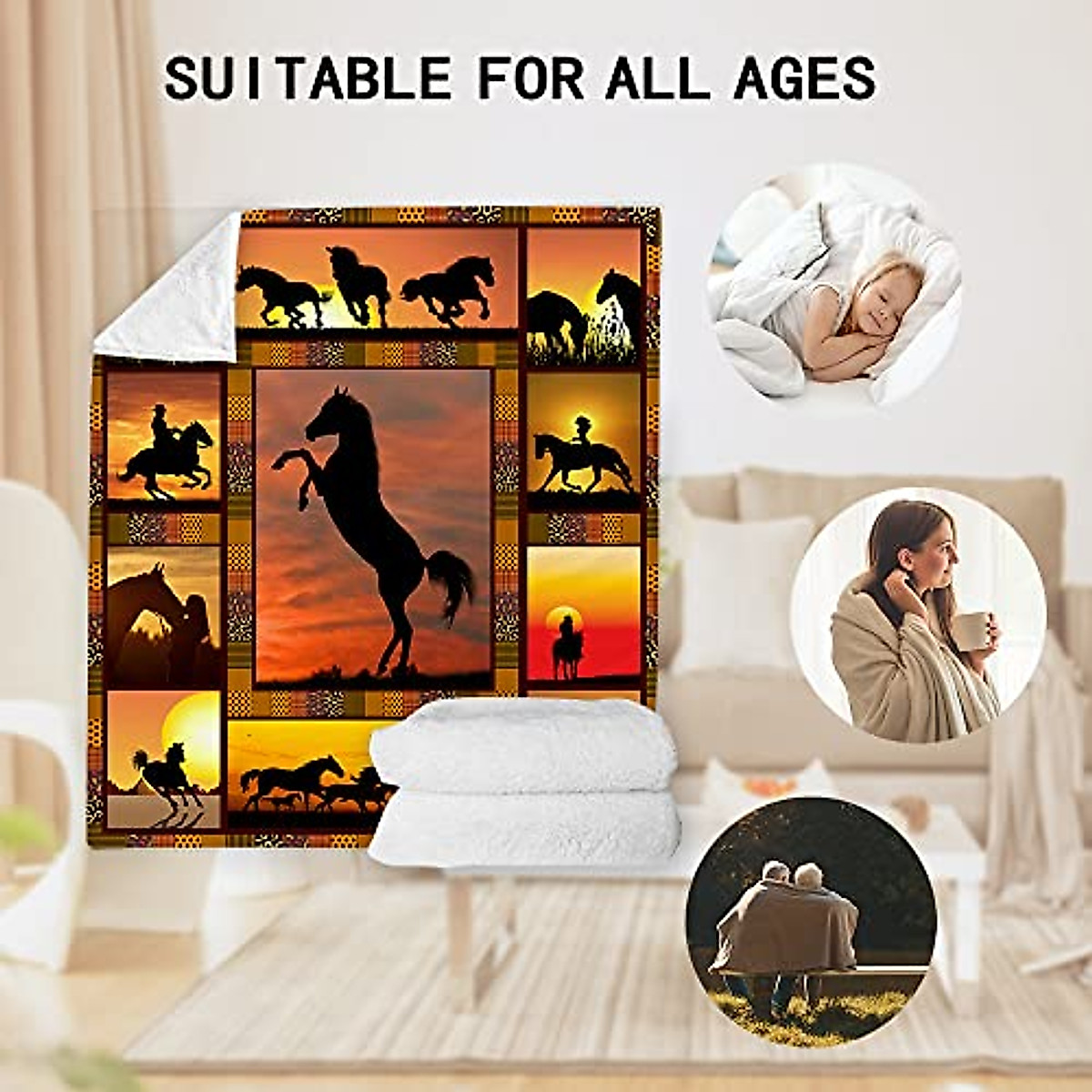 Horse Blanket Animal Print Throw Blanket 320 GSM Ultra-Soft Warm Fuzzy Plush Lightweight Fleece Blankets for Bed Sofa Travel (Twin-80x60)