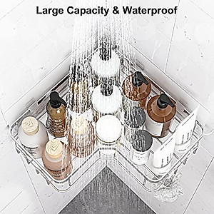 Fixwal 2 Pack Corner Shower Caddy, Adhesive Shower Corner Shelf Organizer with 4 Removable Hooks, No Drilling Shower Shelves for Bathroom Storage (Silver)