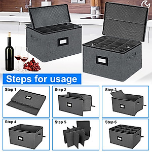 Wine glass Storage Box with Divider - China Storage Containers Hard Shell Stemware Storage Bins with Lids Holds 12 Wine Glass or Crystal Glassware Case, Stackable with Label Window (Dark Grey)