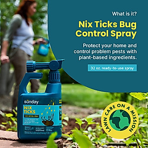 Sunday Nix Ticks - Tick Control Spray - Ready-to-Use Bug Spray - Concentrated Cedar Oil - Helps Kill Ticks, Tick Larvae, Fleas, and Mosquitos - Lasts up to 4 Weeks - 32 Fl Oz
