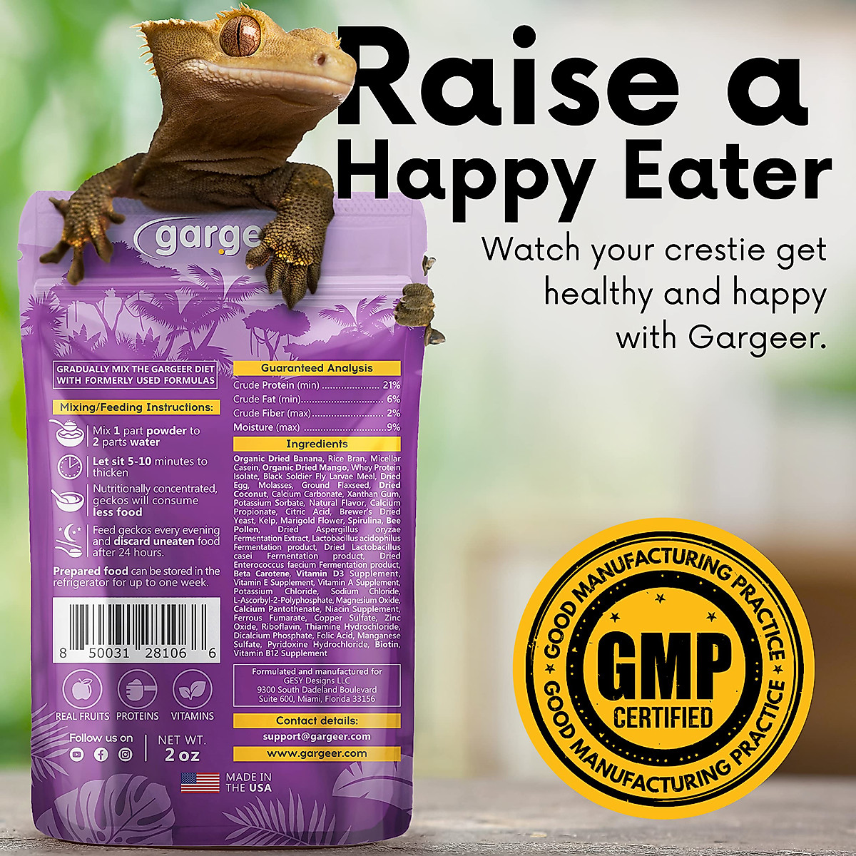 Gargeer 2oz Complete Crested Gecko Food Diet. Premium Mix, Ready to Use Freshly Made Powder. Unique Formula, Developed & Made in The USA. Enjoy! (Tropical + Insects Protein)