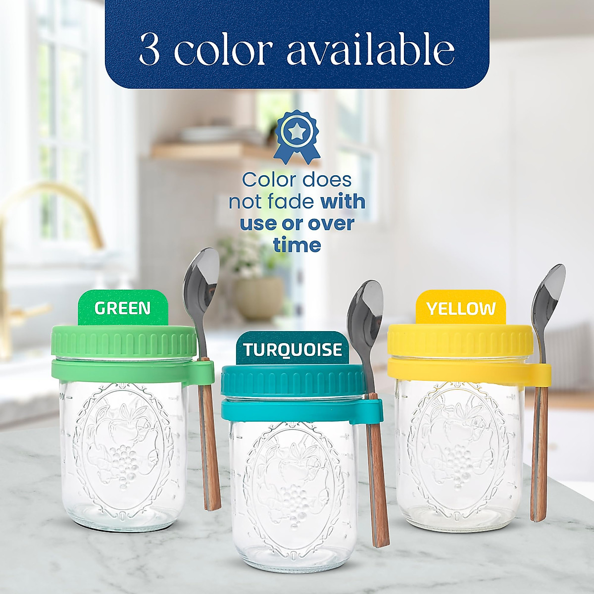 Syne Trend Gift Set Overnight Oats Containers with Lids, 16oz Overnight Oats Jars, 3 Pack Oatmeal Containers with Lids (Green + Turquoise + Yellow)