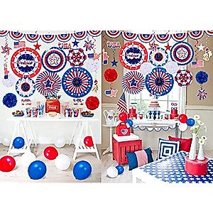 51PCS 4th/Fourth of July Decorations Set - Includes Patriotic Paper Fans,Pom Poms,Banner,Hang Swirls,Balloons - Red White Blue Memorial Day Party Decor Supplies