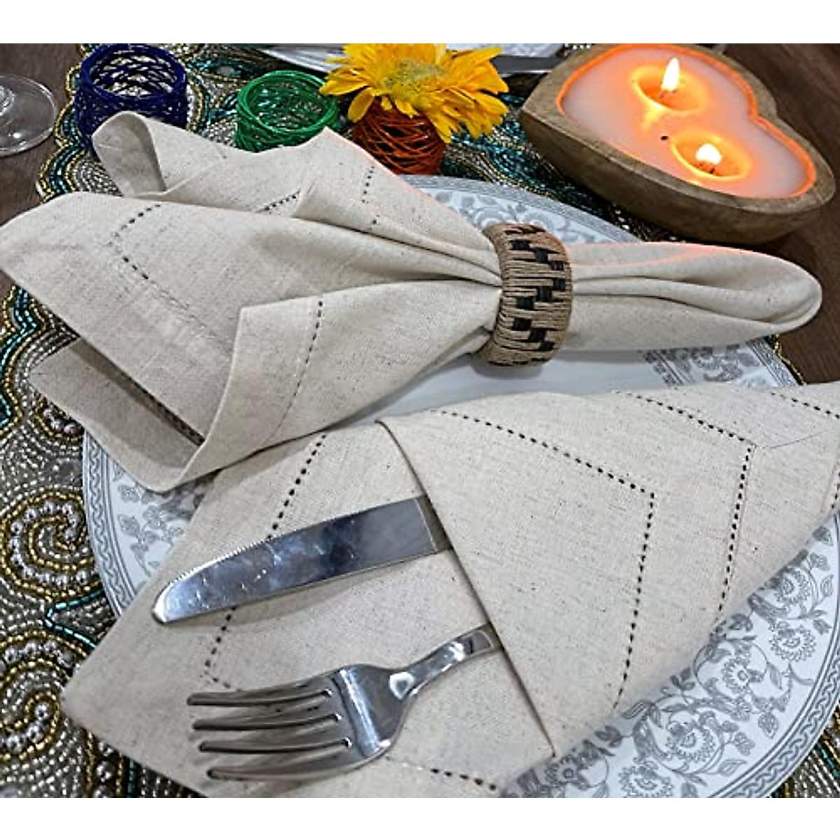 Linen Flax Cotton Cloth Dinner Napkin 18x18 Natural with Hemstitched,Wedding Napkins, Cocktails Napkins, Fabric Napkins, Cotton Napkins Mitered Corners, Machine Washable Dinner Napkins, Set of 12