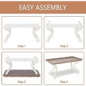 Function Home Farmhouse Coffee Table, Modern Cocktail Table with Storage Shelf, Sofa Table with Natural Tray Top and Carved Legs for Living Room, Bedroom, Dining Room in Vintage White