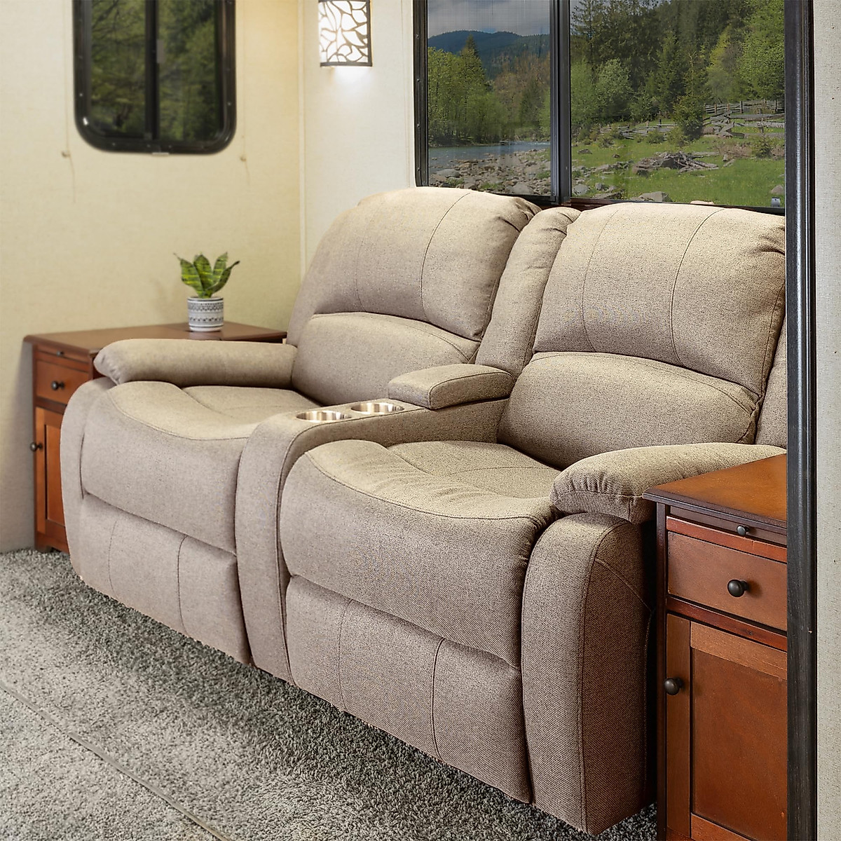 RecPro Charles 64" Double Recliner RV Sofa with Console and Cupholders | Zero Wall Loveseat for Camper | Wall Hugger Couch | Fifth Wheel Theater Seating | Replacement RV Furniture | Oatmeal Cloth