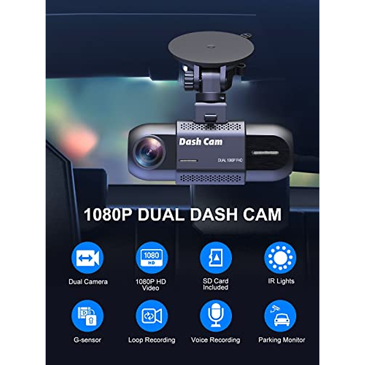 Dual Dash Cam 1080P, Dash Cam Front and Inside, Dash Camera for Cars with 32GB SD Card, Infrared Night Vision, 1.5 inch IPS Screen, Loop Recording, Accident Lock, WDR, Parking Monitor for Taxi Driver
