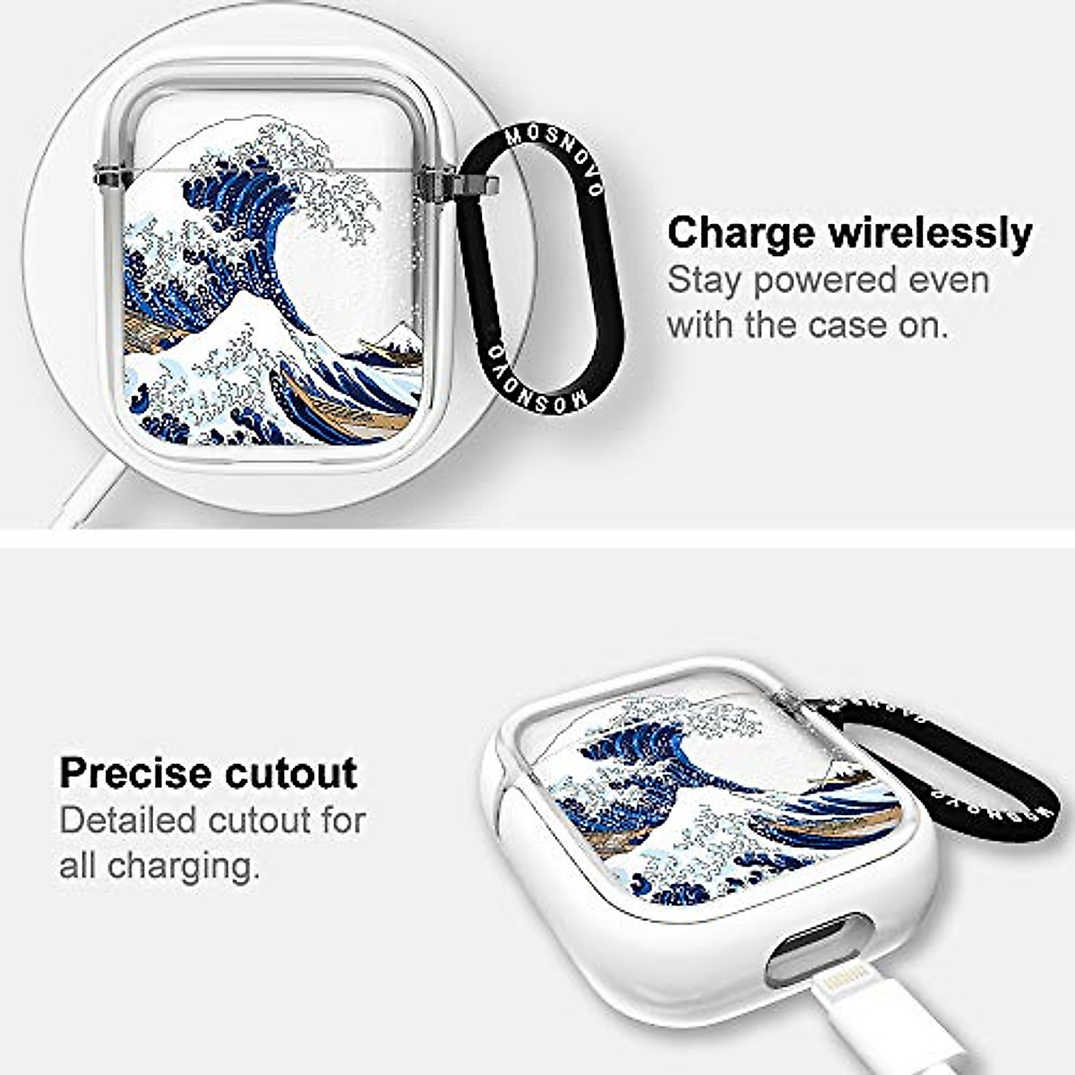 MOSNOVO AirPods Case, Apple AirPods 1 &2 Case, Cool Tokyo Wave Clear Case Design with Luxe Metal Ring Shockproof Protective Cover Case for AirPods