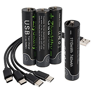 Ziyokthy Rechargeable Lithium AAA Batteries, 4 Packs 1110mWh High Capacity1.5V AAA Battery Rechargeable Lithium ion Triple A Batteries, 2H Fast Charge USB Cable 1200+ Cycles for VR Car Toys Keyboard