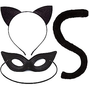 FUEAWIM Black Cat Costume Cat Ears Tail and Masquerade Eye Cover for Women Girls Halloween Cosplay Accessory