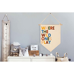 Where The Wild Ones Play - Canvas Hanging Pennant Flag Banner Wall Sign Decor Gift for Nursery Baby Kids Girl Boy Teen Bedroom Playroom Front Door- Baby Gift Shower Flay-Birthday Christmas Gift