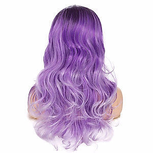 Wiwige Long Curly Wavy Ombre Purple Wigs for Women Synthetic Natural Middle Part Daily Party Halloween Cosplay Wig with Wig Cap 21"