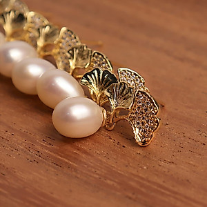 Sonateomber Gold Ginkgo Leaf Pearl Drop Dangle Earrings for Women Cute Freshwater Pearl Teardrop Dangling Hypoallergenic Stud Prom Wedding Bridal Jewelry Gifts