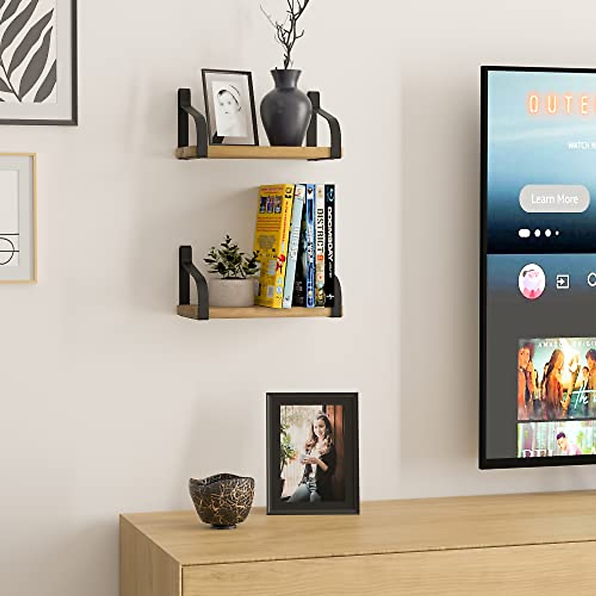 You Have Space Prato 9" Floating Shelves for Living Room Decor, Small Book Shelves for Bedroom, Bathroom & Kitchen Organization and Storage Shelves for Wall, Burnt, Set of 2