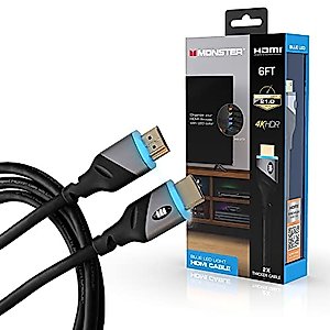Monster 6ft High Speed 4K Hdr Hdmi Cable with Built-in Blue Led Light, Gaming, Video, and Computer