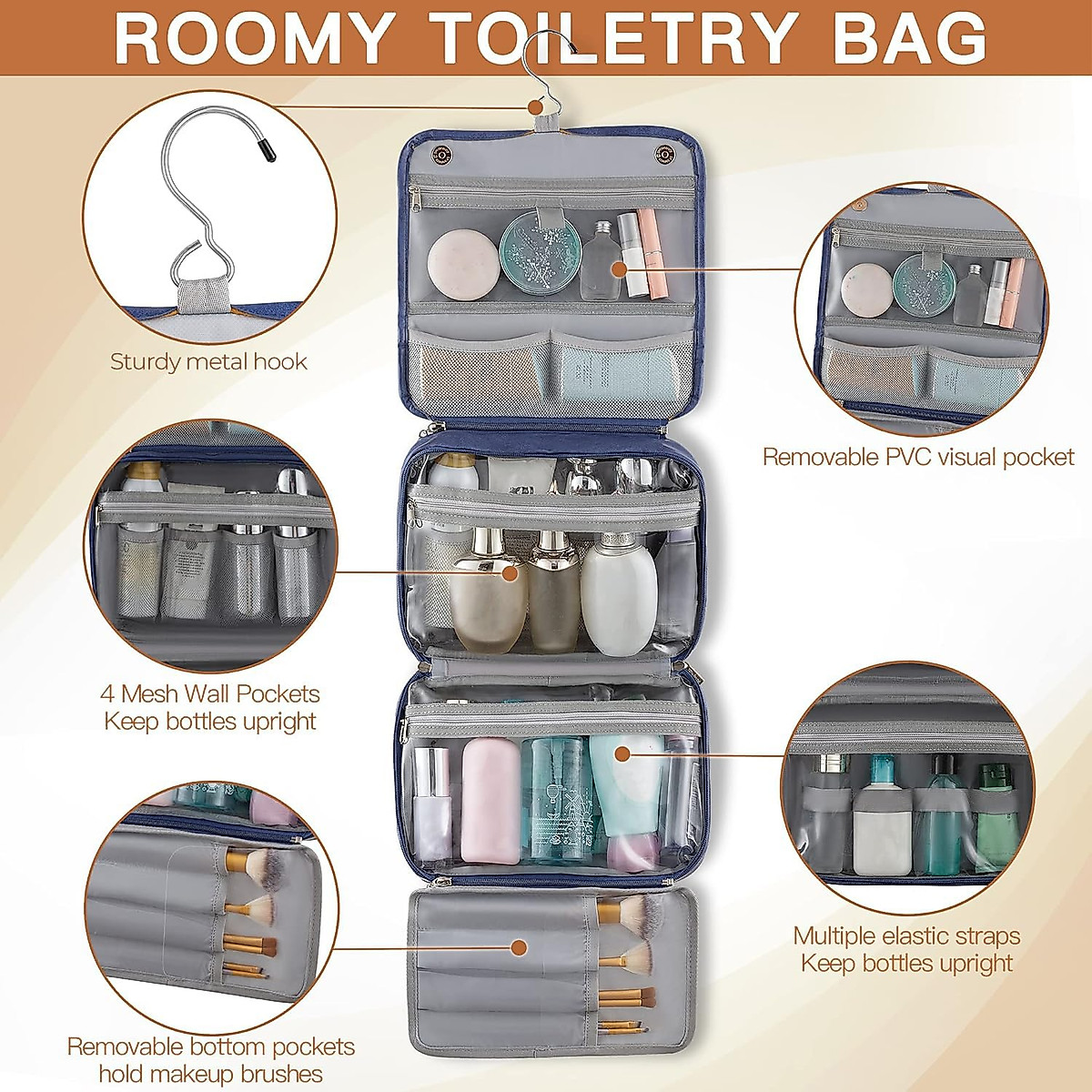 Elviros Toiletry Bag Hanging Travel Organizer for Men and Women, 3 in 1 Multifunctional Large Makeup Cosmetic Case for Toiletries Accessories, Water-resistant PU Leather Bathroom Dopp Kit Shaving Bag