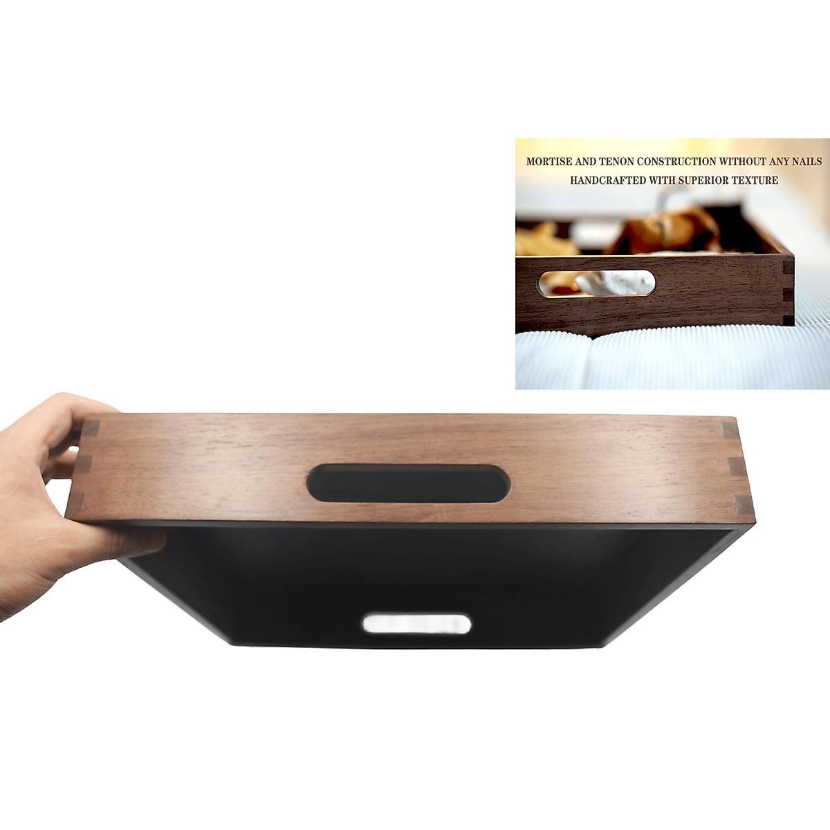 CRAZYWOOD 13.6x13.6 Inches Walnut with Carry Handle Black Ottoman Tray Serve Tea Coffee or Breakfast in Bed Classic Wooden Decorative Serving Tray Decorative Serving Tray