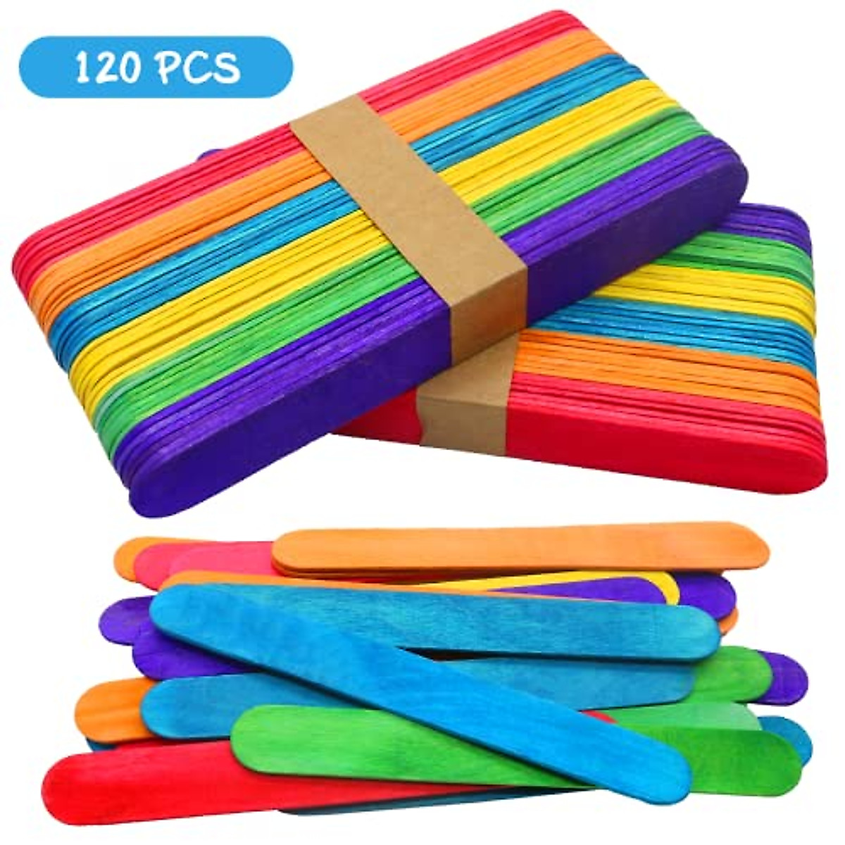 WISYOK 120 Pcs 6” Colored Jumbo Wooden Craft Sticks, Rainbow Wooden Popsicle Sticks, Wide Lollipop Sticks, Treat Sticks Ice Pop Sticks fir Creative Designs or Kids Education, Home Art Projects