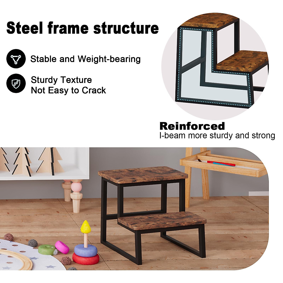 iTsst Step Stool for Adults,Holds up to 500Lb,Heavy Duty Sturdy Two Step Stool for Kichen/Bathroom/High beds, Wooden&Metal Frame, Non-Slip Pads