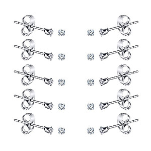 FOSIR 10 Pairs Tiny Women's Stainless Steel Round Clear Cubic Zirconia Stud Earrings (2mm CZ, Surgical Steel)