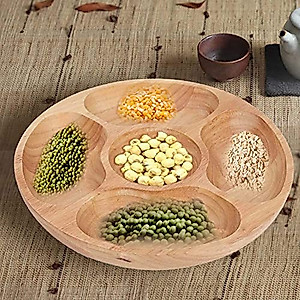5 Sectional Round Serving Tray Sectional Tray, Wooden Divided Serving Platter/Tray Chip and Dip Bowl Fruit Dessert Dish Tableware Tray (25cm)