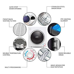 CTT 13 Lbs /3.5 Cu.Ft. Electric Compact Portable Clothes Dryer, 1500W Laundry Dryer With Stainless Steel Tub, 110-125V White
