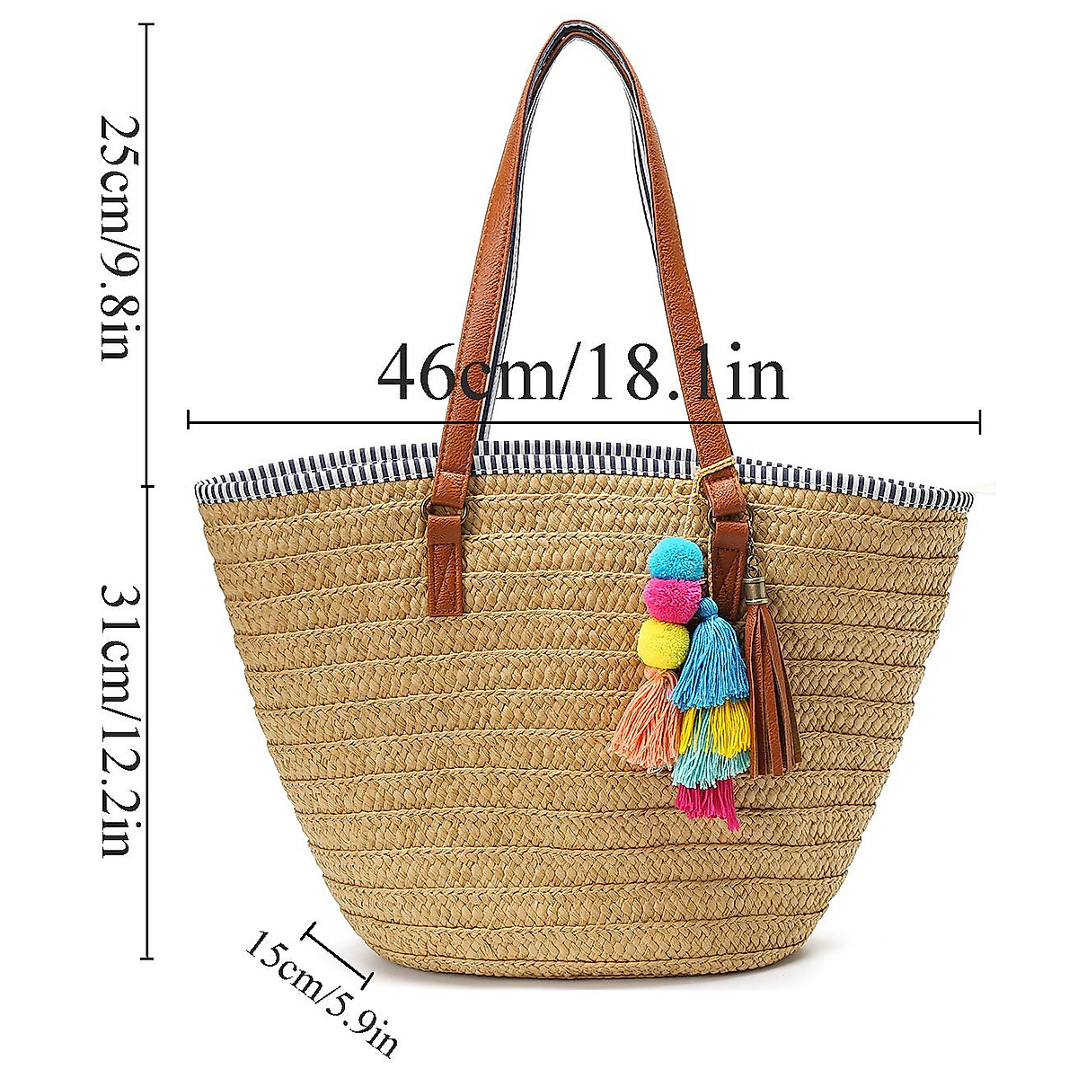 Molodo Straw Bag Round Summer Straw Large Woven Beach Bag Purse For Women Vocation Tote Handbags With Pom Poms