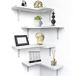 Géneric Set of 4 White Corner Shelves - Corner Floating Shelves - Corner Shelf Wall Mount - Hanging Corner Shelf for Living Room Kitchen Bathroom Bedroom