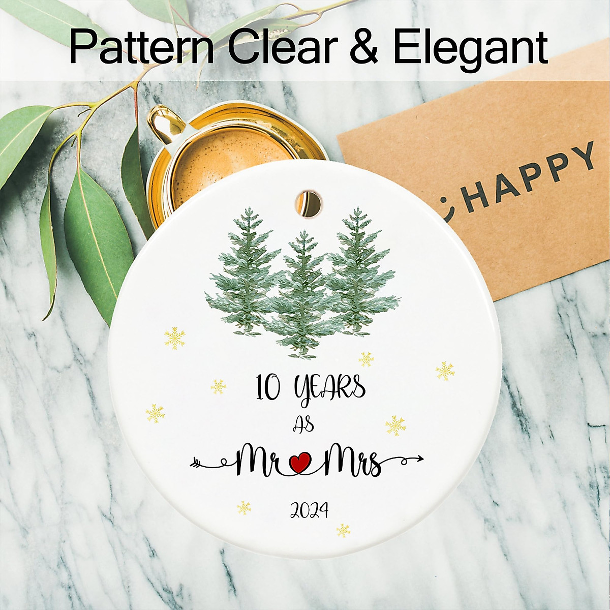 10th Tin Anniversary 2024, 10 Year Anniversary Mr and Mrs Gifts for Couple, 10th Wedding Anniversary for Husband Wife, 2.9" Ceramic 10th Anniversary Keepsake Christmas Decoration